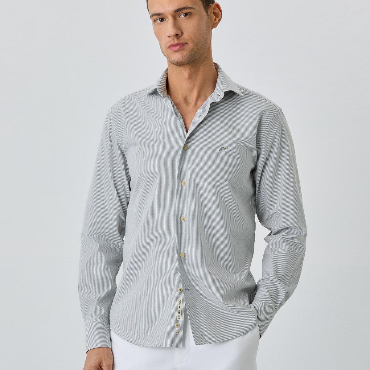 Slim Fit Shirt With Open Collar In BCI Cotton With Stripes – Sacoor ...