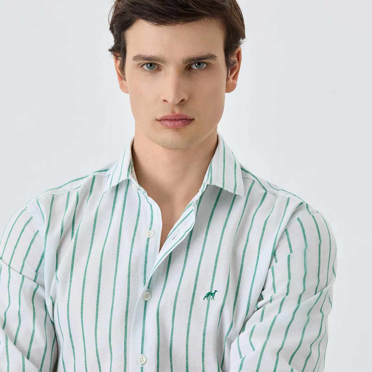 Slim Fit Shirt With Open Collar In Cotton-linen Blend With Stripes ...